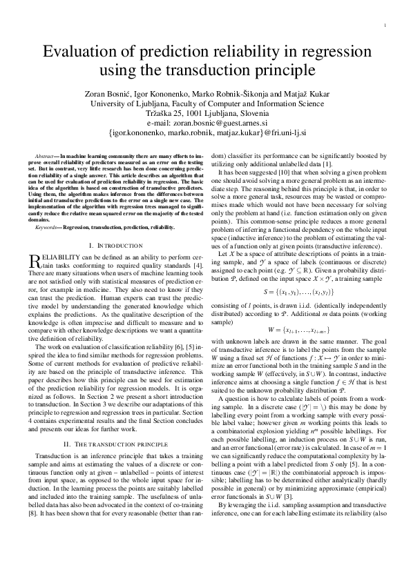Pdf Evaluation Of Prediction Reliability In Regression Using The Transduction Principle