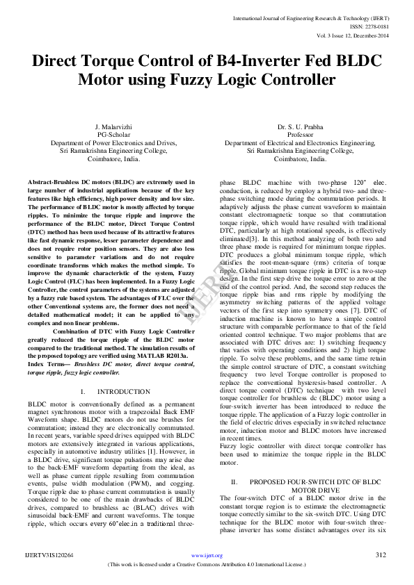 (PDF) Direct Torque Control of B4-Inverter Fed BLDC Motor using Fuzzy Logic Controller ...