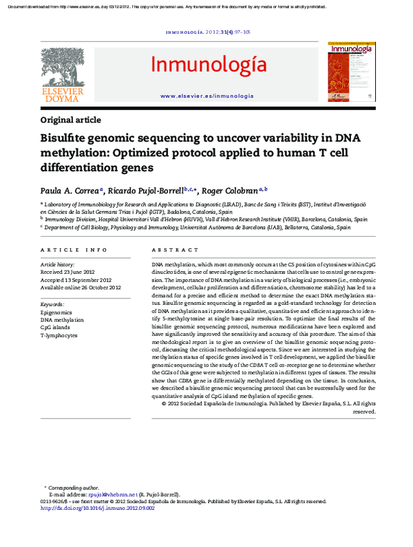 Pdf Bisulfite Genomic Sequencing To Uncover Variability In Dna