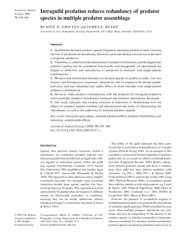 Pdf Intraguild Predation Reduces Redundancy Of Predator Species In Multiple Predator Assemblage