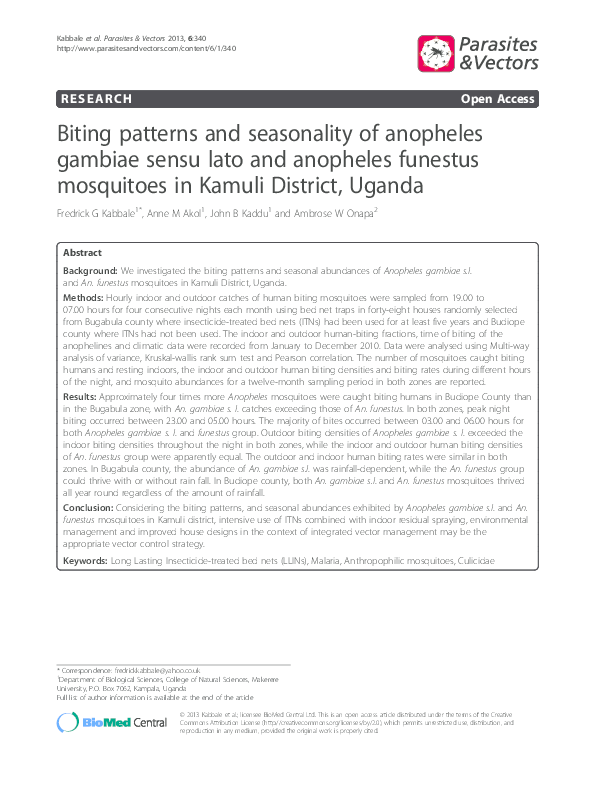 (PDF) Biting patterns and seasonality of anopheles gambiae sensu lato and anopheles funestus ...