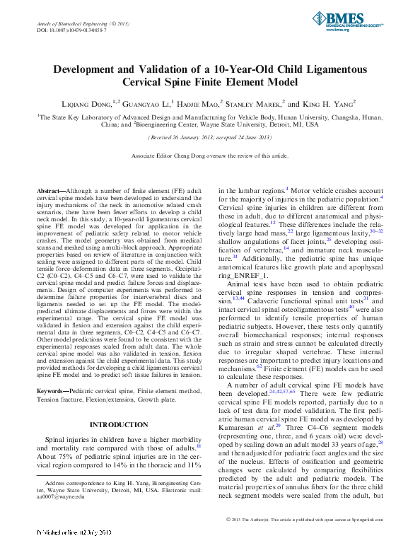 (PDF) Development and validation of a 10-year-old child ligamentous cervical spine finite ...