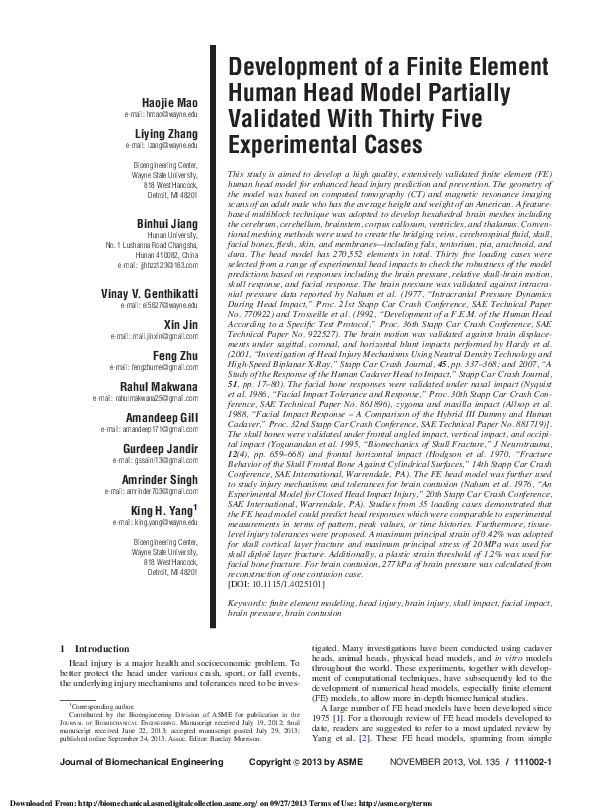 (PDF) Development of a Finite Element Human Head Model Partially Validated With Thirty Five ...