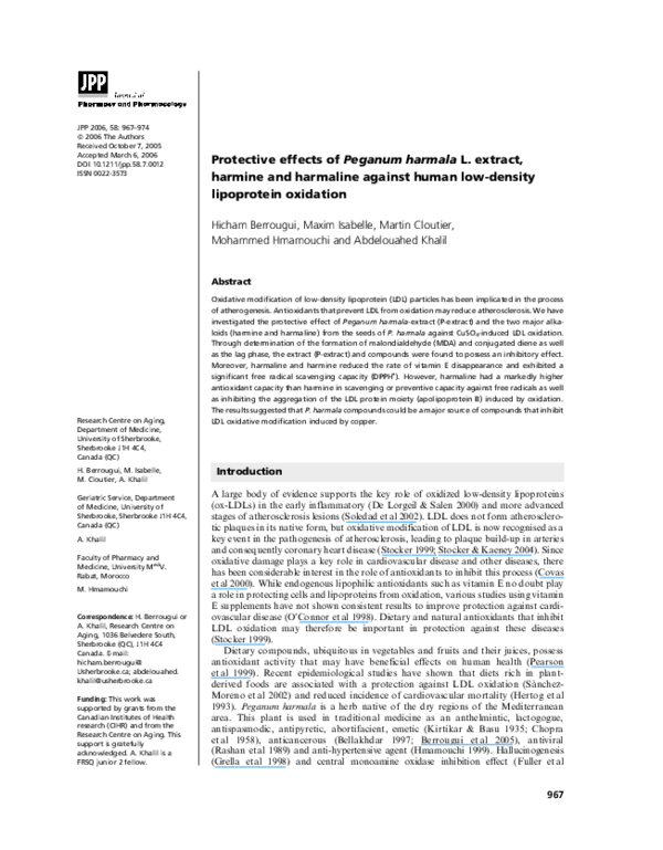 (PDF) Protective effects of Peganum harmala L. extract, harmine and ...