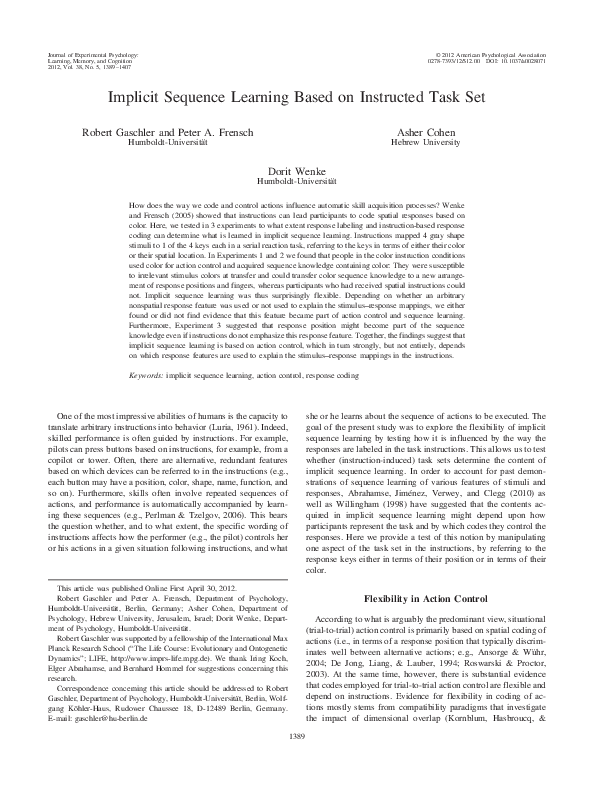 (PDF) Implicit sequence learning based on instructed action codes