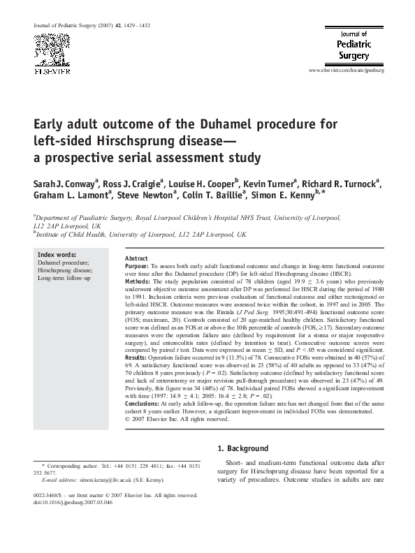 (PDF) Early adult outcome of the Duhamel procedure for left-sided ...