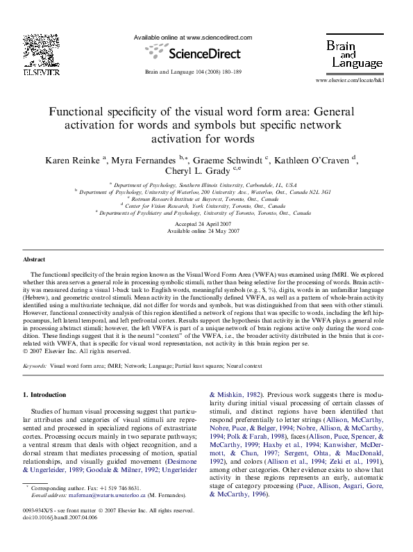 (PDF) Functional specificity of the visual word form area: General ...