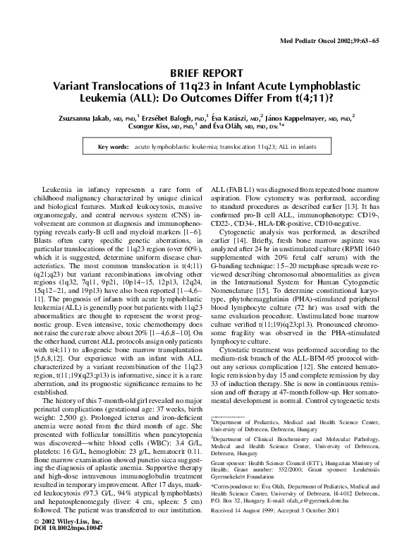 (PDF) Variant translocations of 11q23 in infant acute lymphoblastic ...