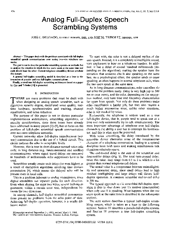(PDF) Analog Full-Duplex Speech Scrambling Systems