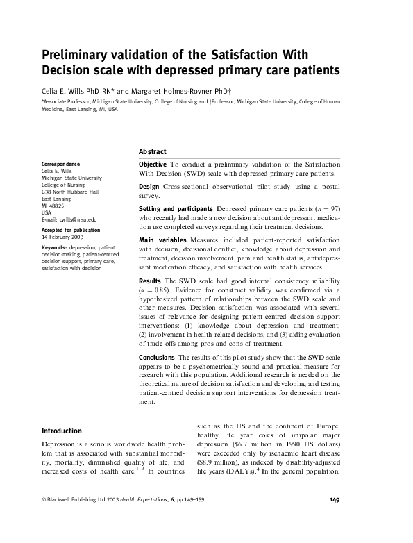 (PDF) Preliminary validation of the Satisfaction With Decision scale with depressed primary care ...