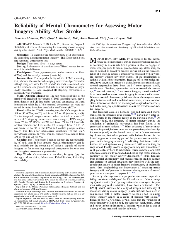(PDF) Reliability of Mental Chronometry for Assessing Motor Imagery ...