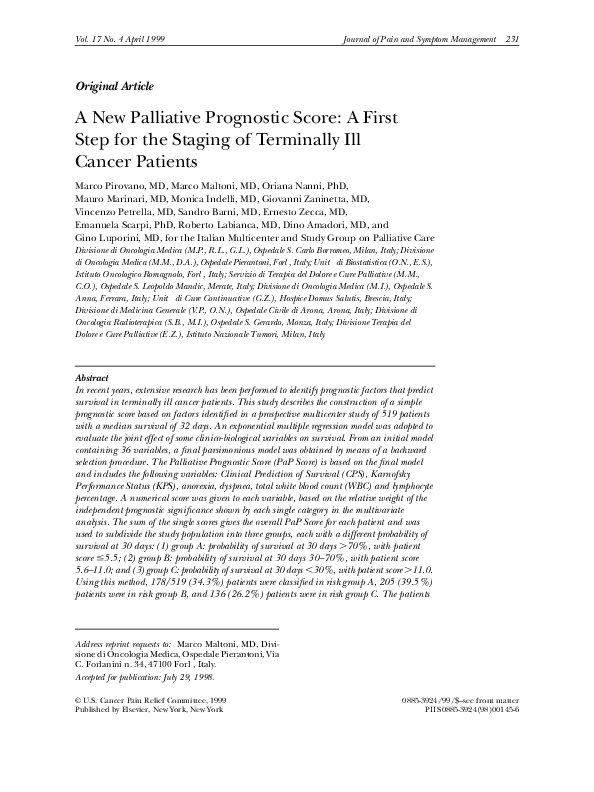(PDF) A New Palliative Prognostic Score
