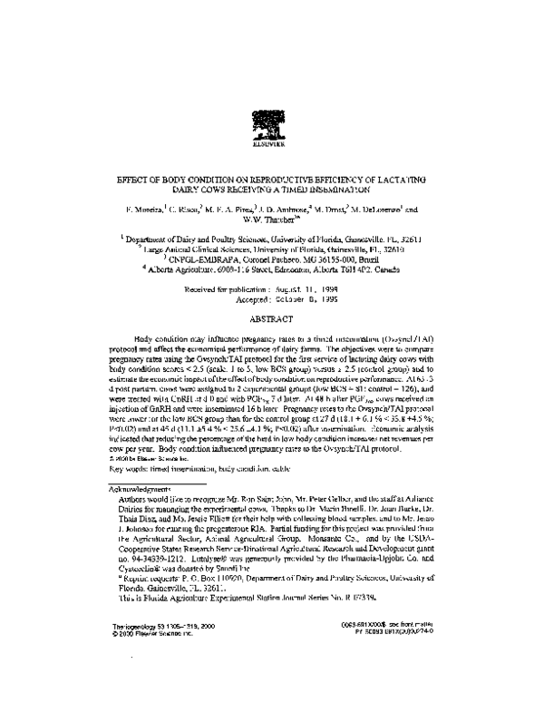 (PDF) Effect of body condition on reproductive efficiency of lactattng dairy cows receiving a ...