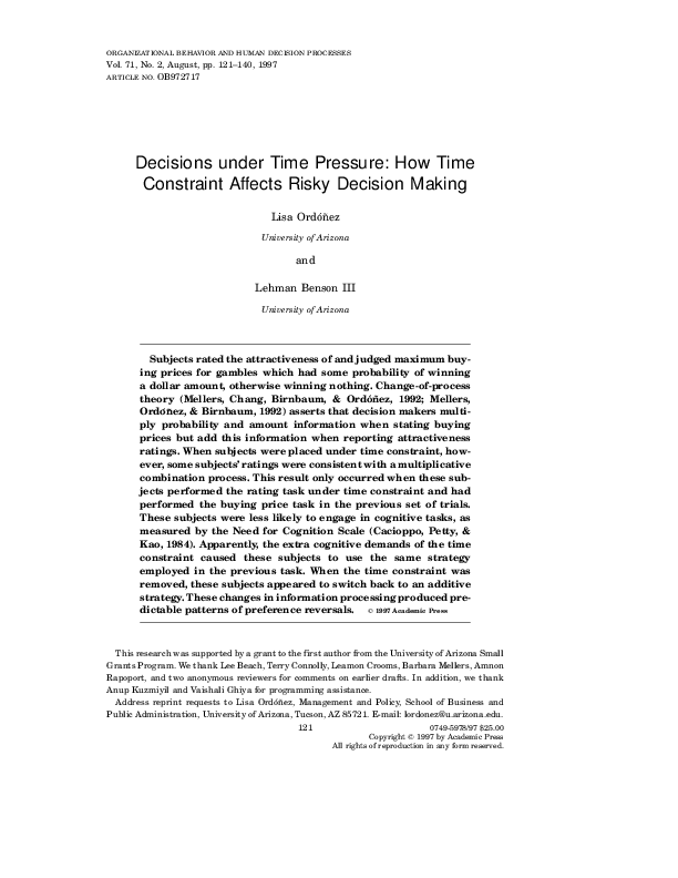 (PDF) Decisions under Time Pressure: How Time Constraint Affects Risky ...