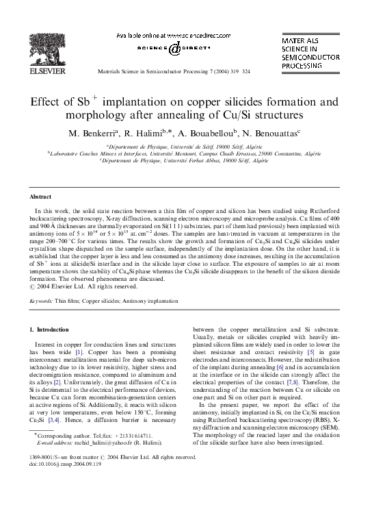 (PDF) Effect of Sb+ implantation on copper silicides formation and ...