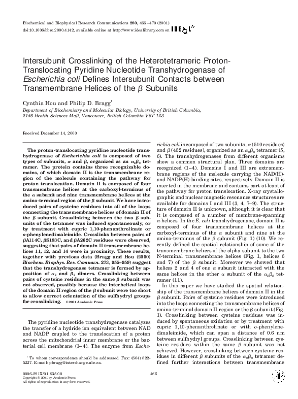 (PDF) Intersubunit Crosslinking of the Heterotetrameric Proton ...