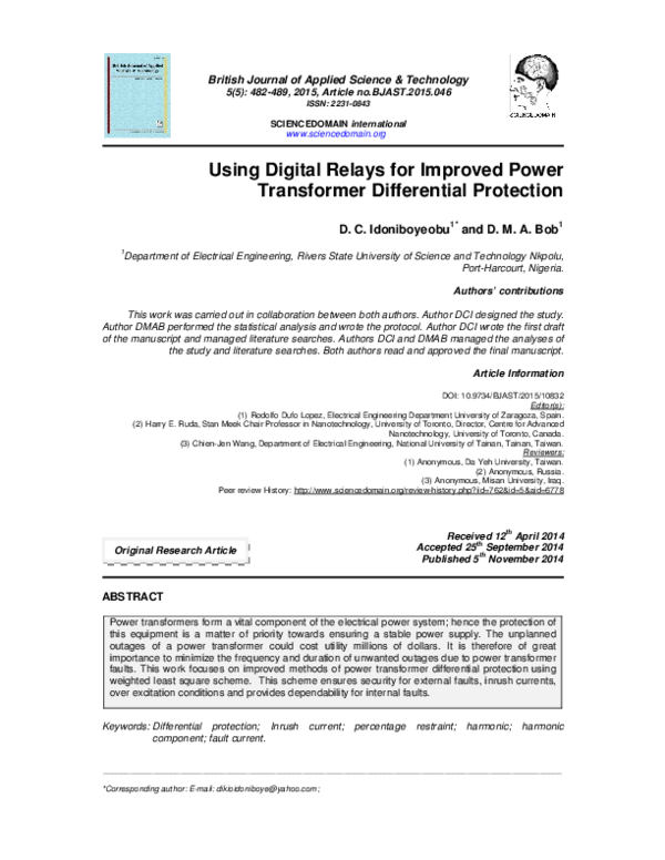 (PDF) Using Digital Relays for Improved Power Transformer Differential ...
