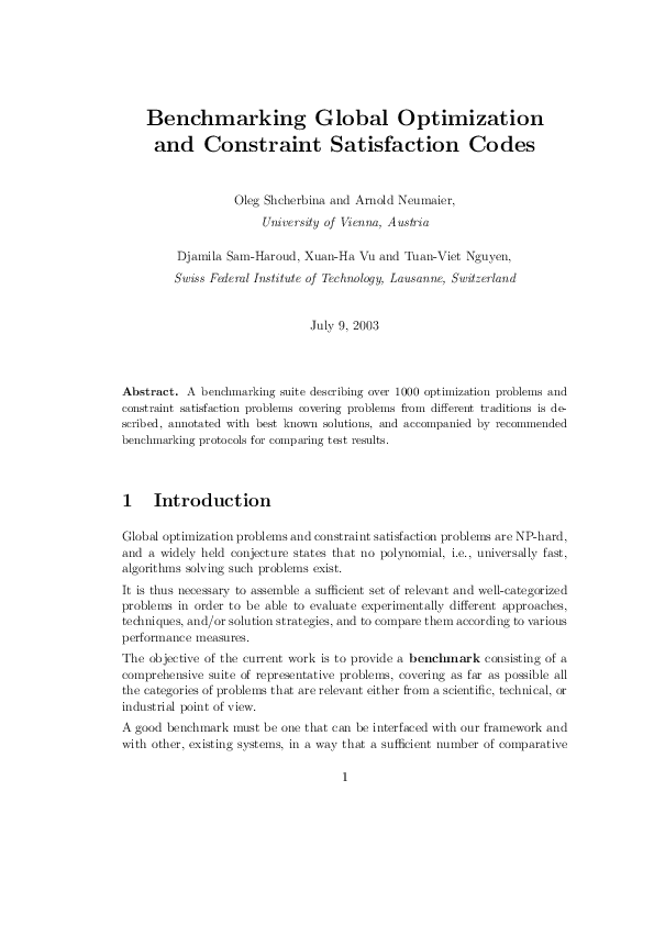(PDF) Benchmarking Global Optimization and Constraint Satisfaction Codes