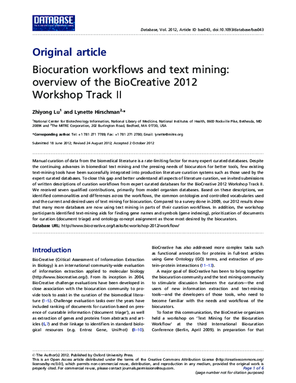 Pdf Biocuration Workflows And Text Mining Overview Of The