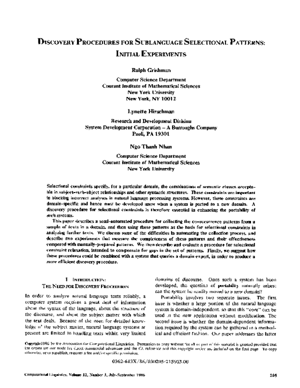 Pdf Discovery Procedures For Sublanguage Selectional Patterns Initial Experiments