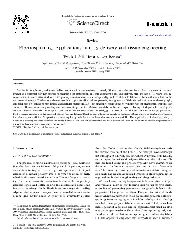 (PDF) Electrospinning: Applications in drug delivery and tissue engineering