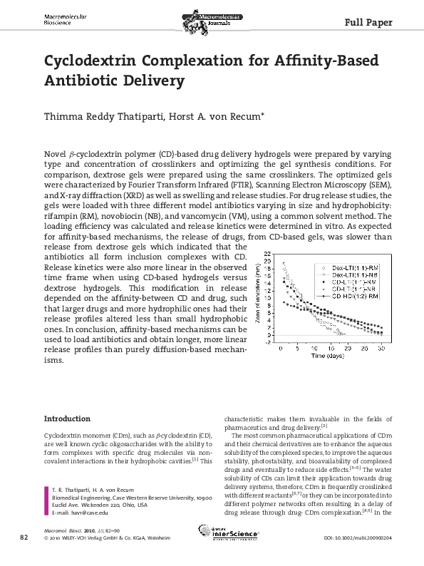 (PDF) Cyclodextrin Complexation for Affinity-Based Antibiotic Delivery