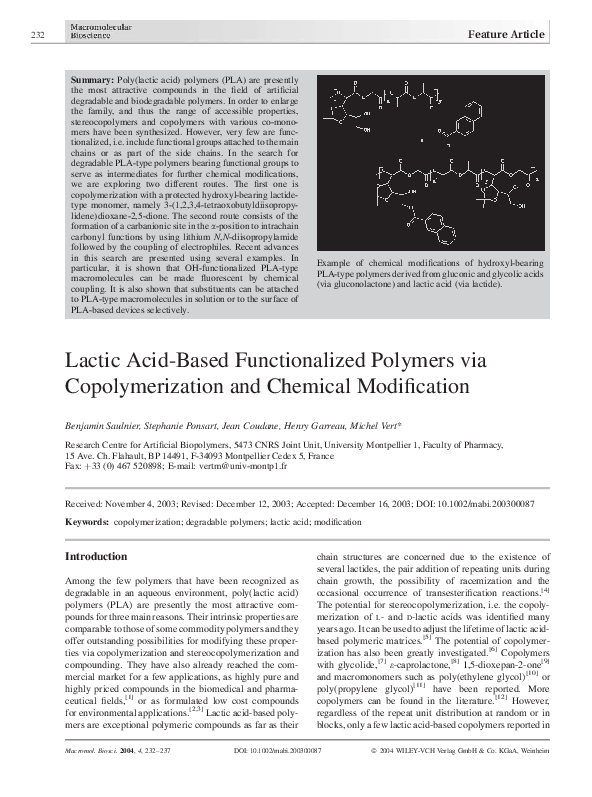 (PDF) Lactic Acid-Based Functionalized Polymers via Copolymerization ...