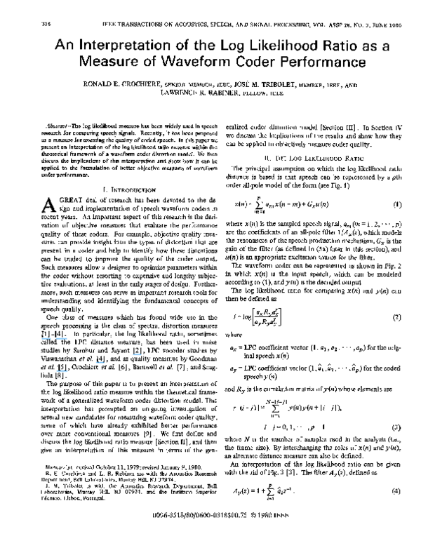 Pdf An Interpretation Of The Log Likelihood Ratio As A Measure Of Waveform Coder Performance