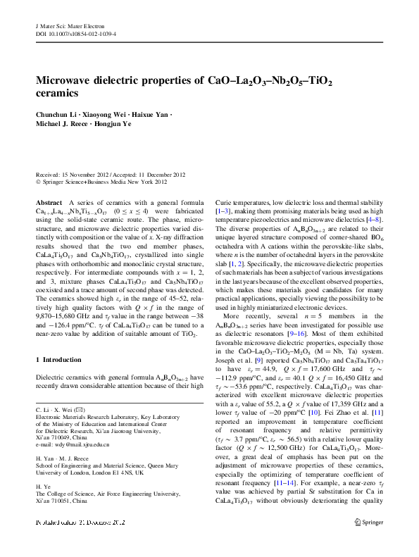 Pdf Microwave Dielectric Properties Of Cao La2o3 Nb2o5 Tio2 Ceramics