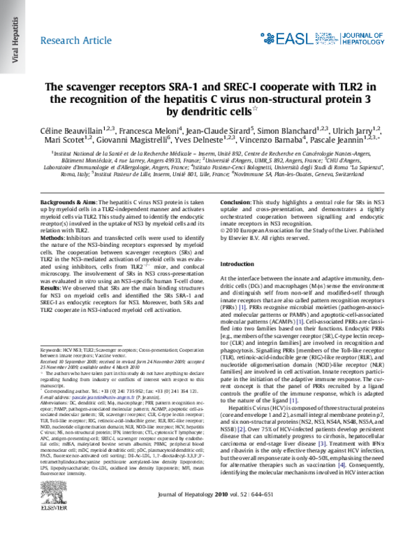 (PDF) The scavenger receptors SRA-1 and SREC-I cooperate with TLR2 in ...