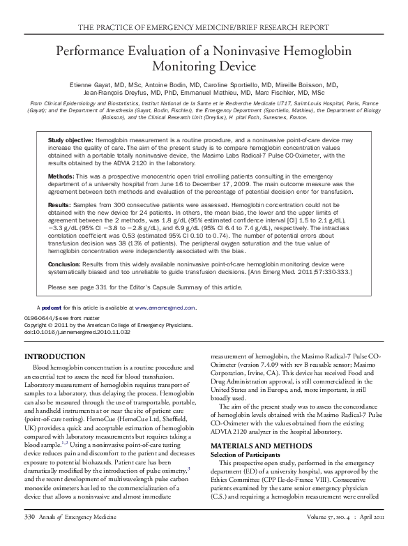(PDF) Performance Evaluation of a Noninvasive Hemoglobin Monitoring Device