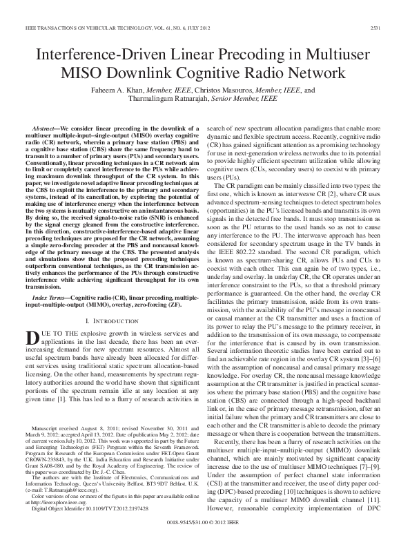 (PDF) Interference-Driven Linear Precoding in Multiuser MISO Downlink Cognitive Radio Network