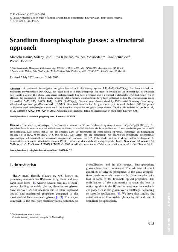 (PDF) Scandium fluorophosphate glasses: a structural approach | Jose Schneider - Academia.edu