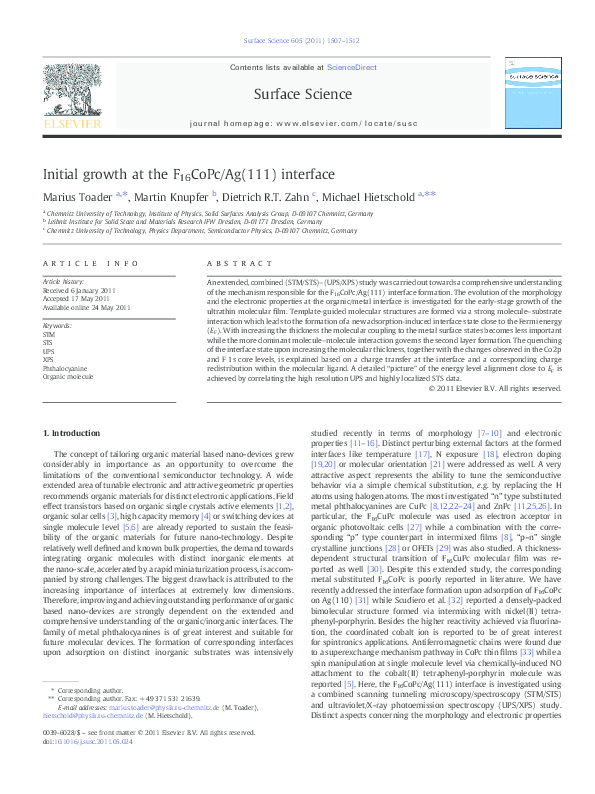 (PDF) Initial growth at the F 16 CoPc/Ag (111) interface