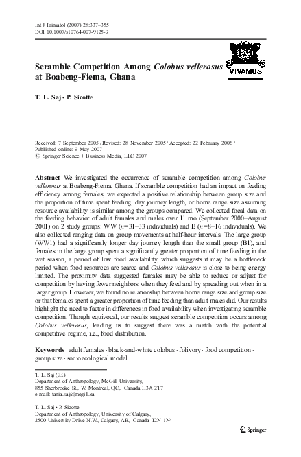 (PDF) Scramble Competition Among Colobus vellerosus at Boabeng-Fiema, Ghana