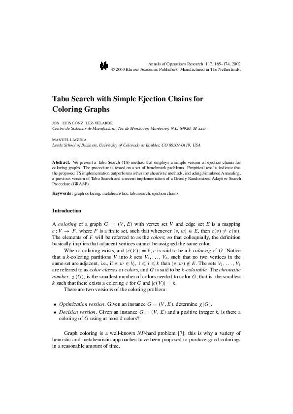 (PDF) Tabu search with simple ejection chains for coloring graphs