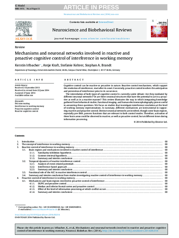 (PDF) Mechanisms and neuronal networks involved in reactive and proactive cognitive control of ...
