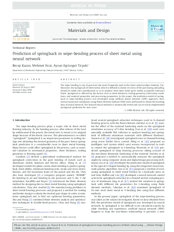 (PDF) Prediction of springback in wipe-bending process of sheet metal using neural network
