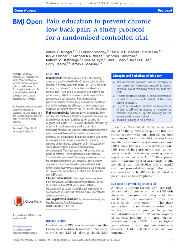 (PDF) Pain education to prevent chronic low back pain: a study protocol ...