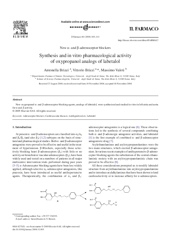 (PDF) Synthesis and in vitro pharmacological activity of oxypropanol analogs of labetalol | A ...