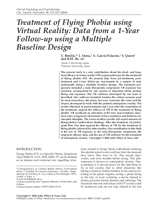 (PDF) Treatment of flying phobia using virtual reality: data from a 1 ...