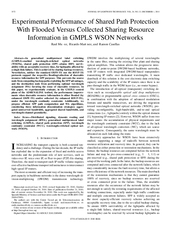(PDF) Experimental Performance of Shared Path Protection With Flooded Versus Collected Sharing ...