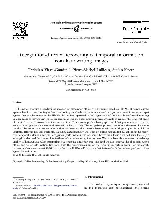 (PDF) Recognition-directed recovering of temporal information from handwriting images