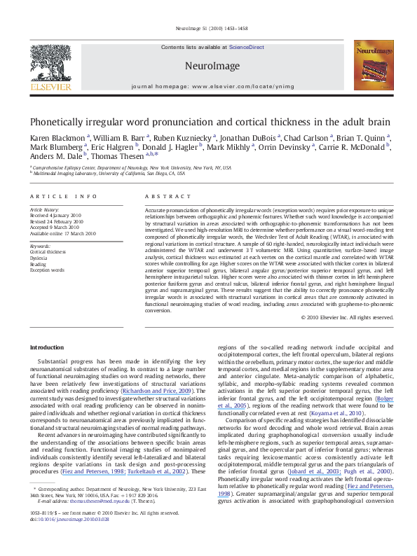 (PDF) Phonetically irregular word pronunciation and cortical thickness ...