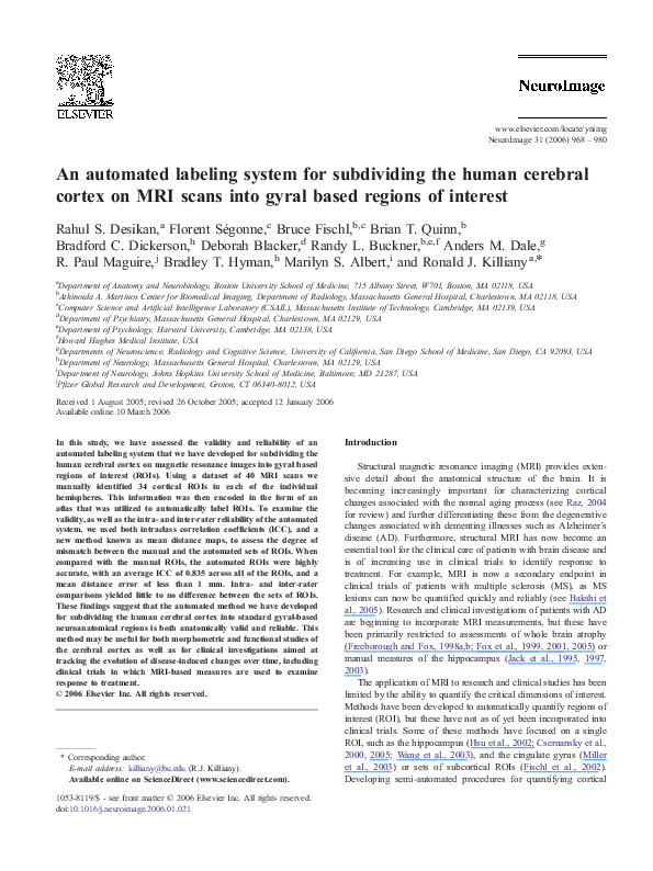 (PDF) An automated labeling system for subdividing the human cerebral cortex on MRI scans into ...