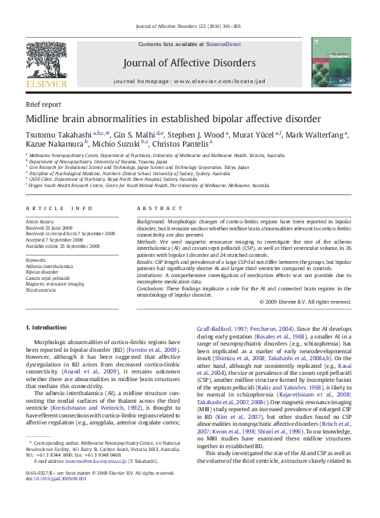 (PDF) Midline brain abnormalities in established bipolar affective disorder