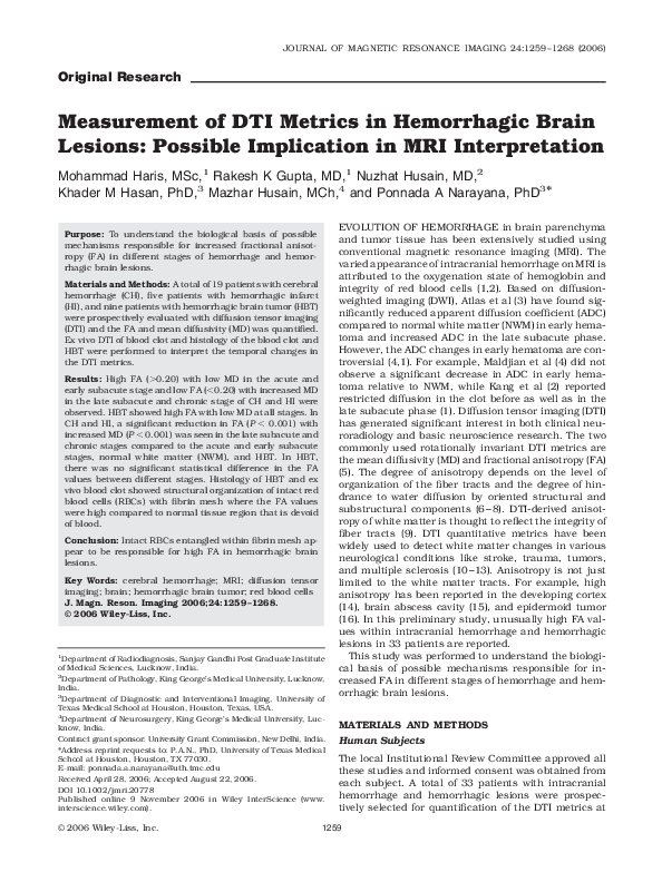 (PDF) Measurement of DTI metrics in hemorrhagic brain lesions: Possible ...