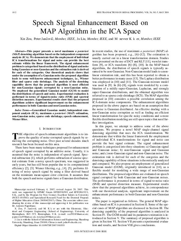 (PDF) Speech Signal Enhancement Based on MAP Algorithm in the ICA Space