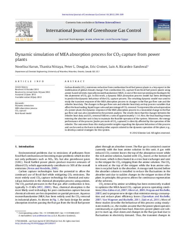(PDF) Dynamic simulation of MEA absorption process for CO2 capture from ...