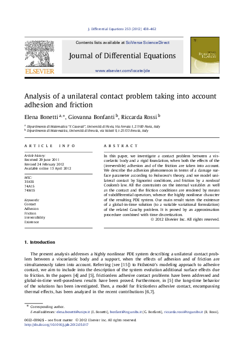 (PDF) Analysis of a unilateral contact problem taking into account adhesion and friction